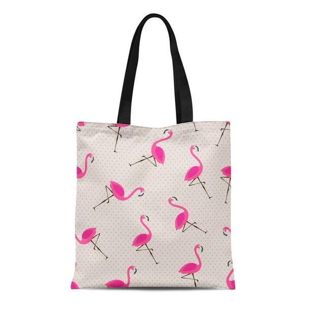 HATIART Canvas Bag Resuable Tote Grocery Shopping Bags Pink Cute with Flamingos Beige Wing Beak ...