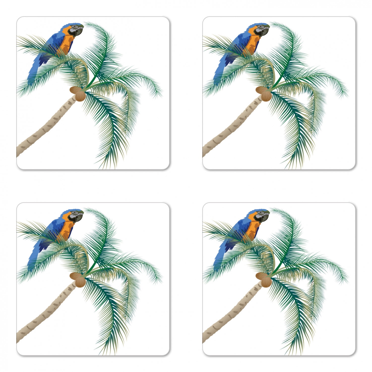 Parrot Coaster Set of 4, Big Parrot Sitting on Coconut Tree Talkative ...