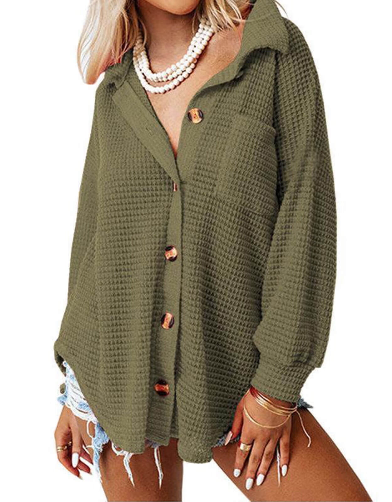 Cardigan for Women Waffle Solid Color Button Down Womens Cardigan Sweater Casual Long Sleeve ...