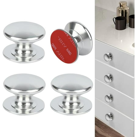 4 Pack Aluminum Self-Stick Knobs No Drilling Self-Adhesive Drawer Knobs Silver Cabinet Handle ...