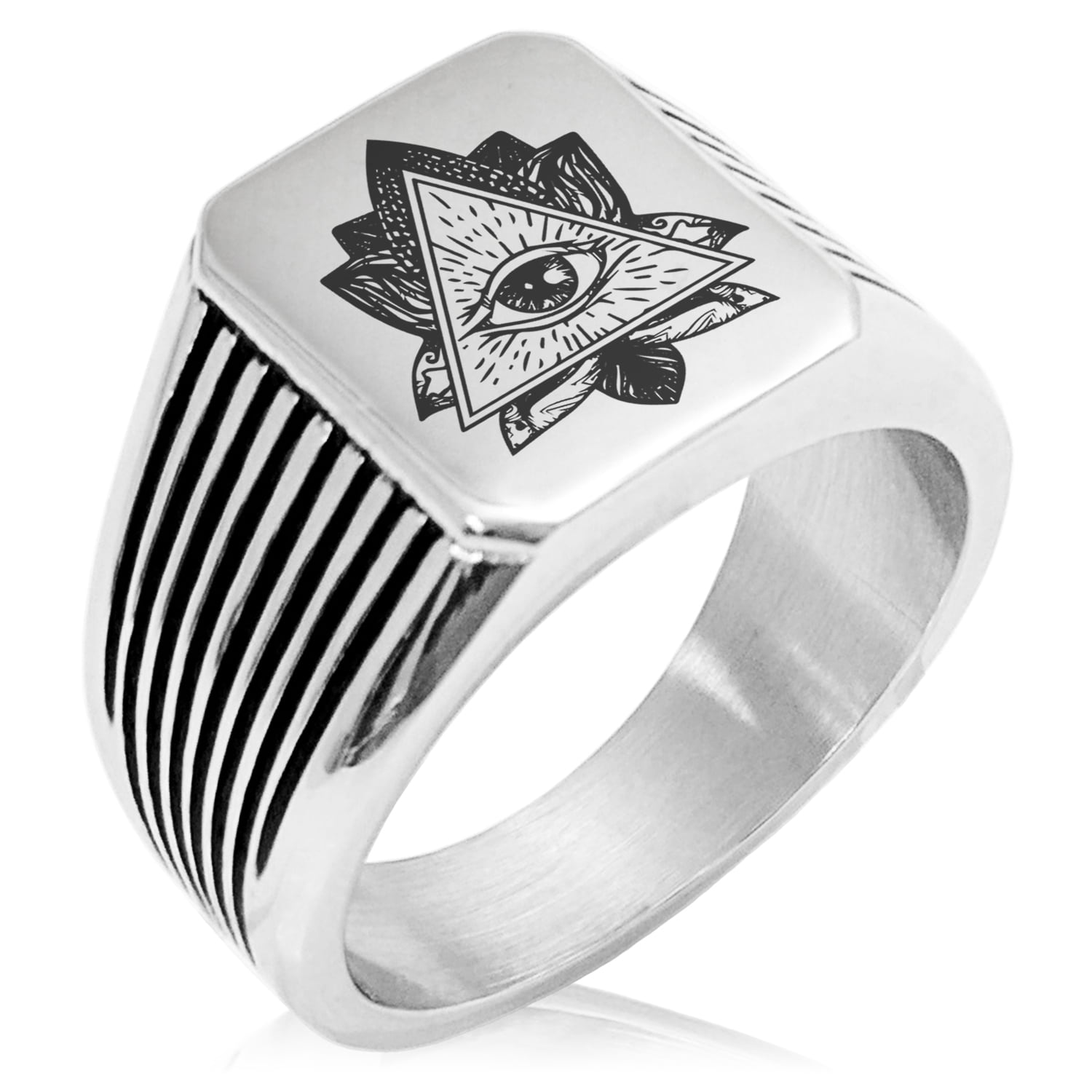 Stainless Steel All Seeing Eye Sacred Lotus Needle Stripe Pattern Biker ...