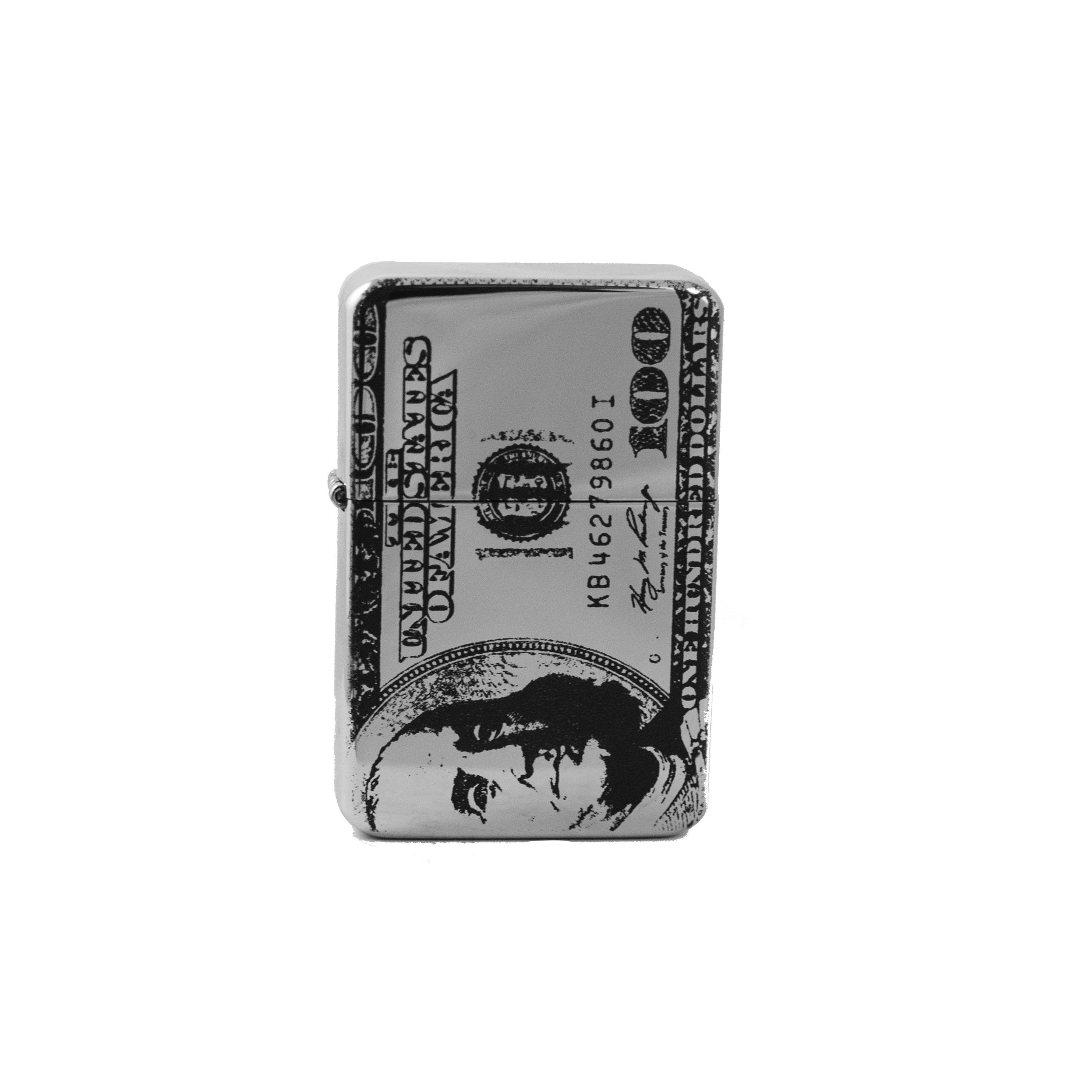 Hip Flask Plus High Polish Chrome Lighter - 100 Dollar Bill Design ...