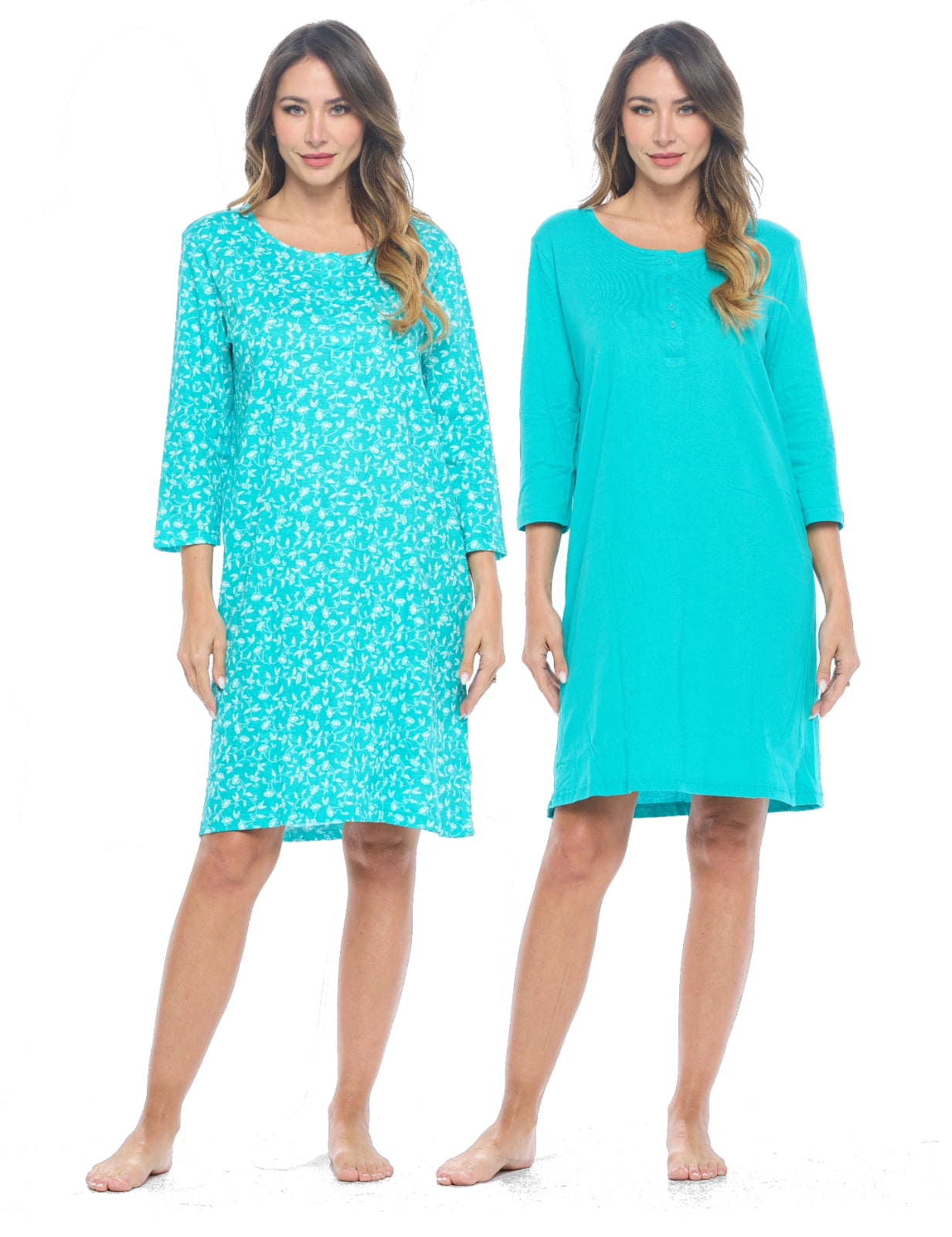 Casual Nights Women's Henley Nightshirts Set of 2, Floral 3/4 Sleeve ...