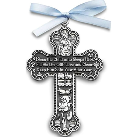 Silver-tone Baby Boy with Blue Ribbon Crib Cross Ornament (3.75x2.5mm ...