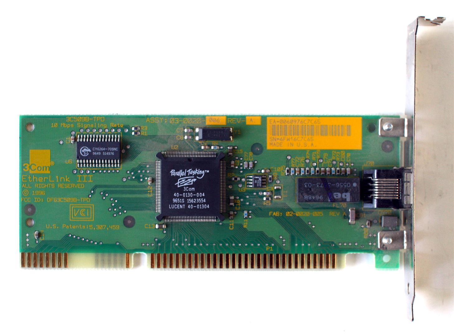 ETHERLINK III 10MBPS, 03-0020-006 REV.A, ISA NETWORK CARD, 02-0020-005 ...