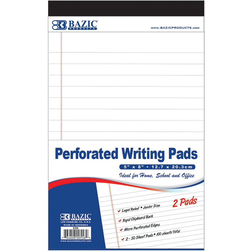 BAZIC Perforated Writing Pad, 50 Sheets 5x8 Inch, White Jr. Lined Ruled ...