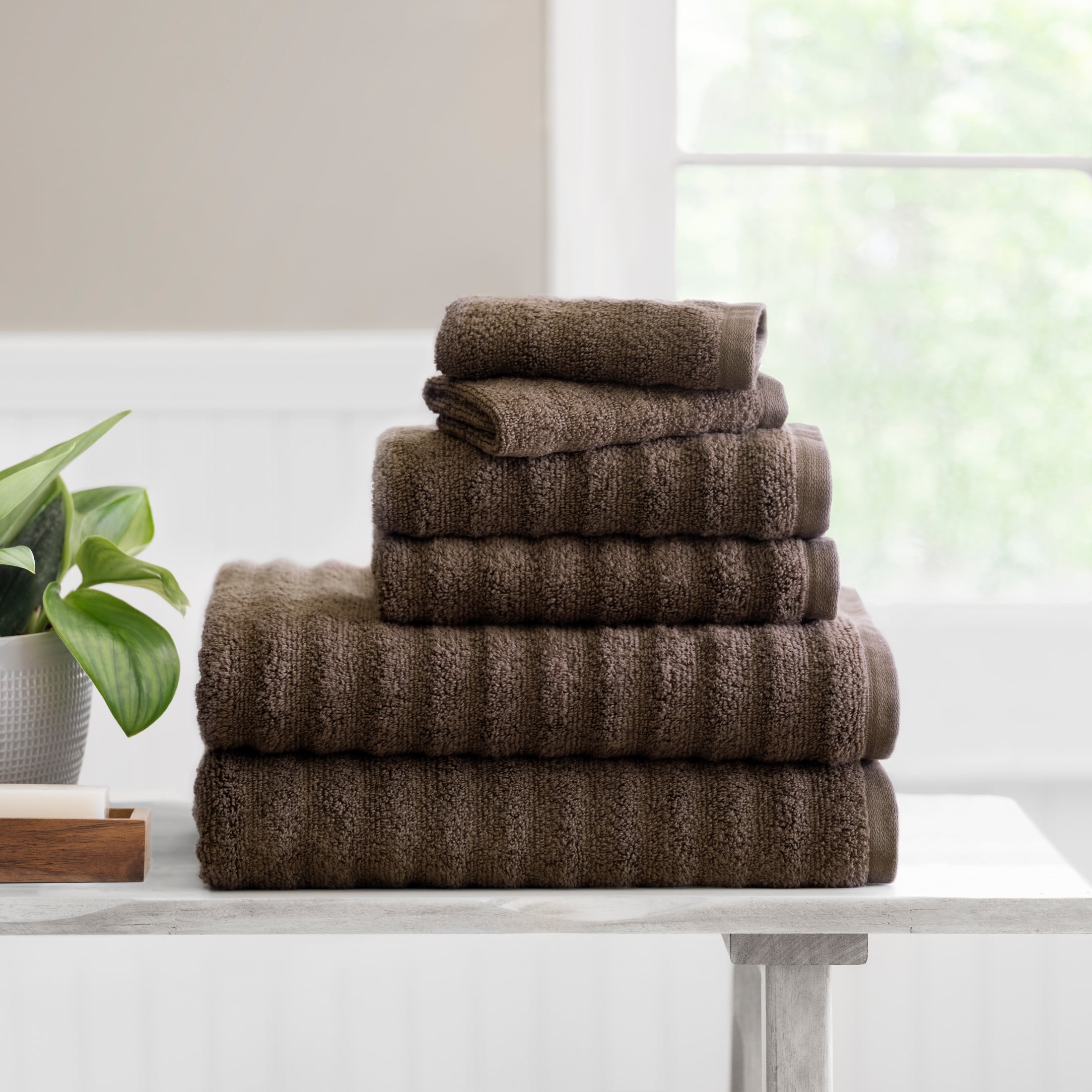 Mainstays Performance Textured Bath Towel 6-Piece Set, Brown Basket ...