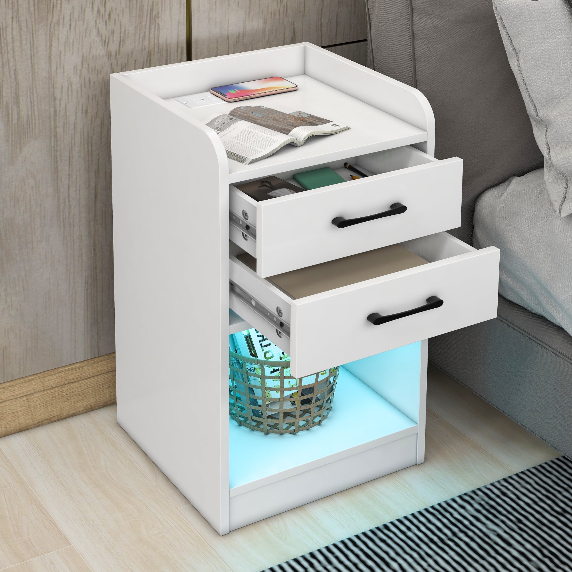 LED Nightstand with 2 Drawer , Wood Bedside Table with LED Light, USB ...