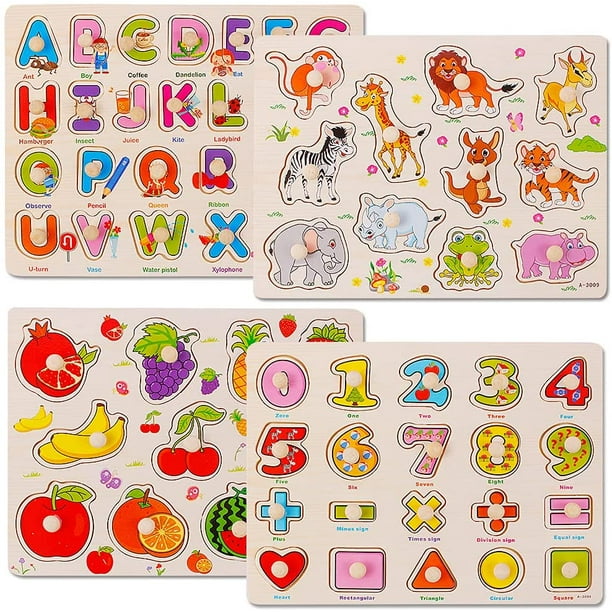 Wooden Peg Puzzles for Toddlers, 4 Pack ABC Letter Alphabet Number ...