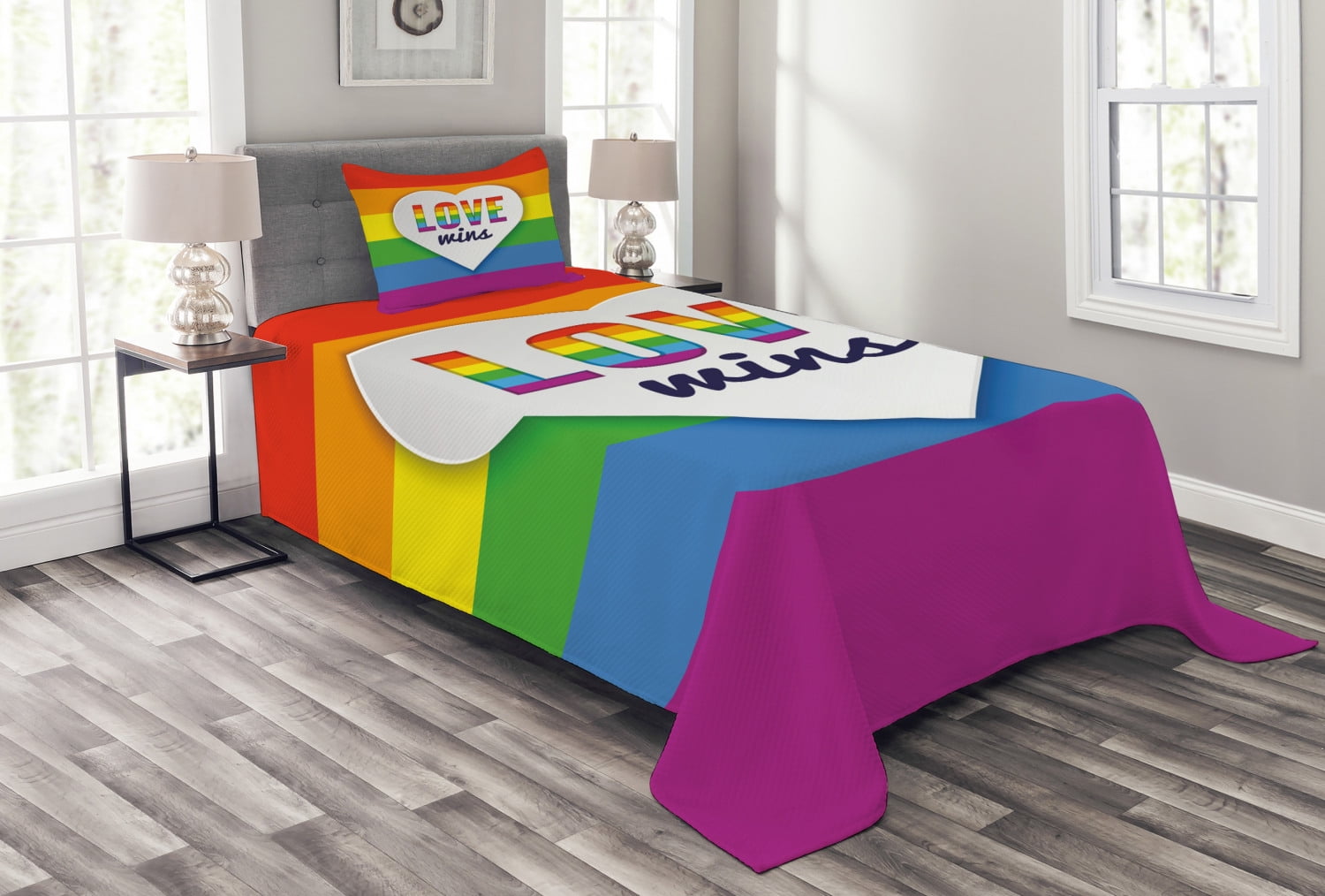 Pride Bedspread Set Twin Size, Rainbow Flag with Stripes Heart Symbol ...
