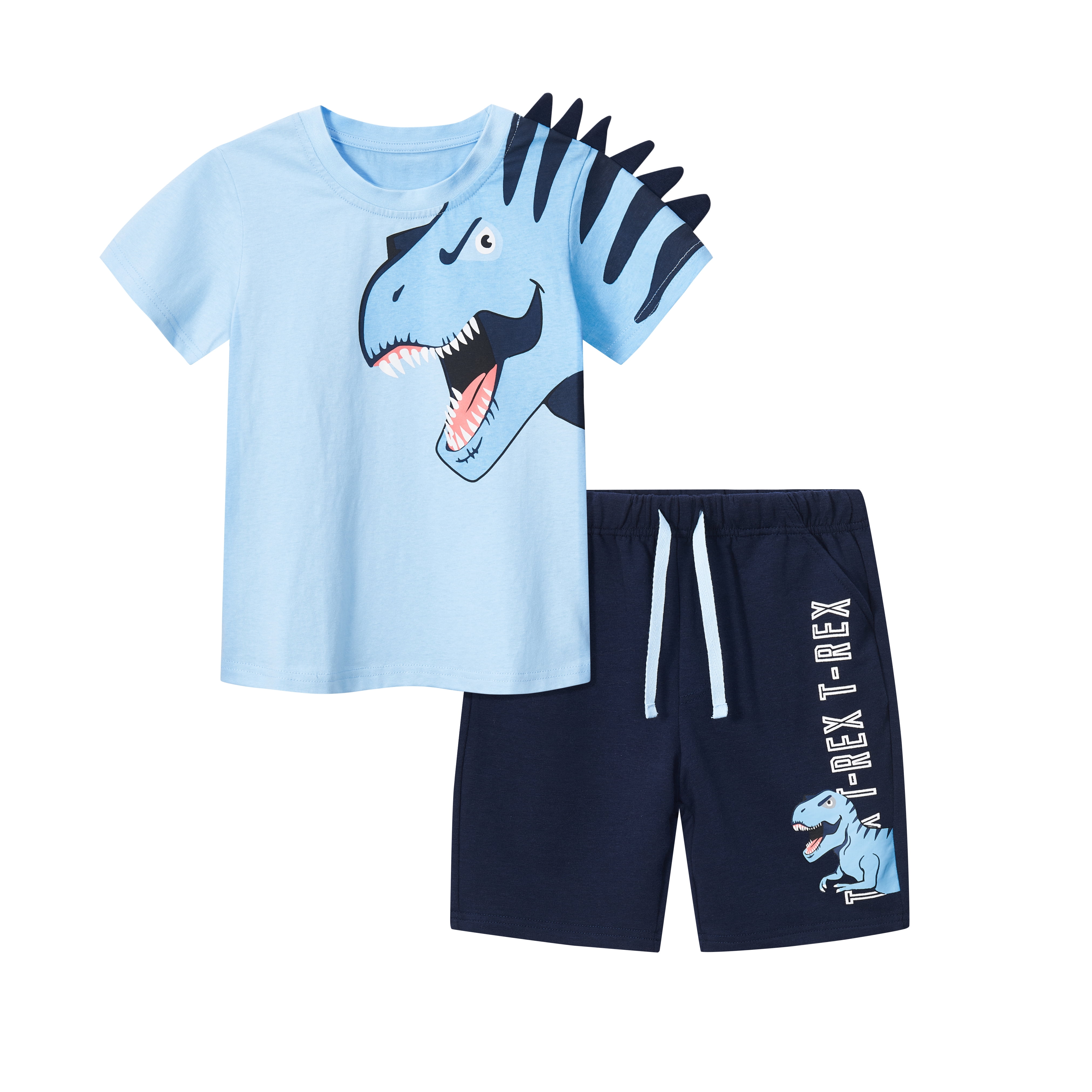 Boys Short Sets Outfits Cotton Casual Crewneck Blue Dinosaur Short Tee ...