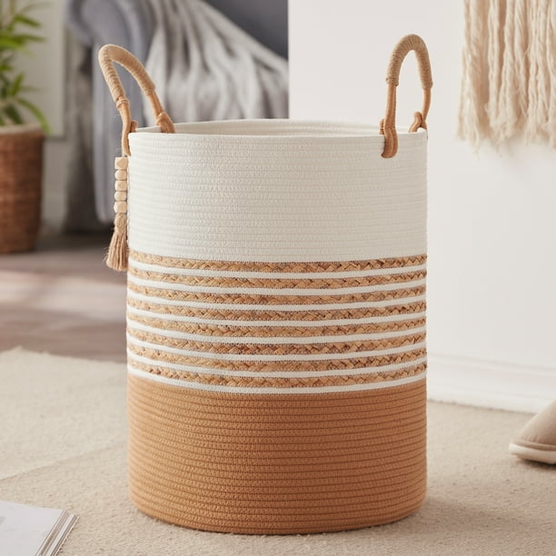 CherishGard Cotton Laundry Basket Woven Rope Tassel Decoration Laundry ...