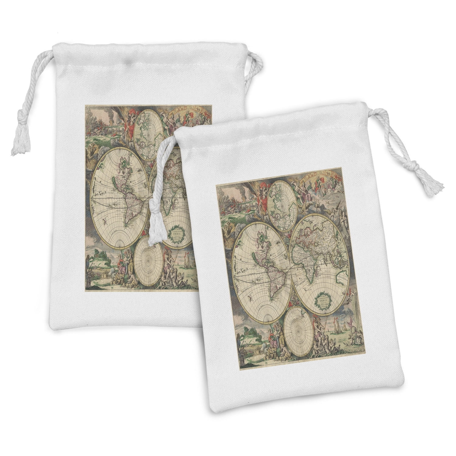 World Map Fabric Pouch Set of 2, Antique Design with Renaissance ...