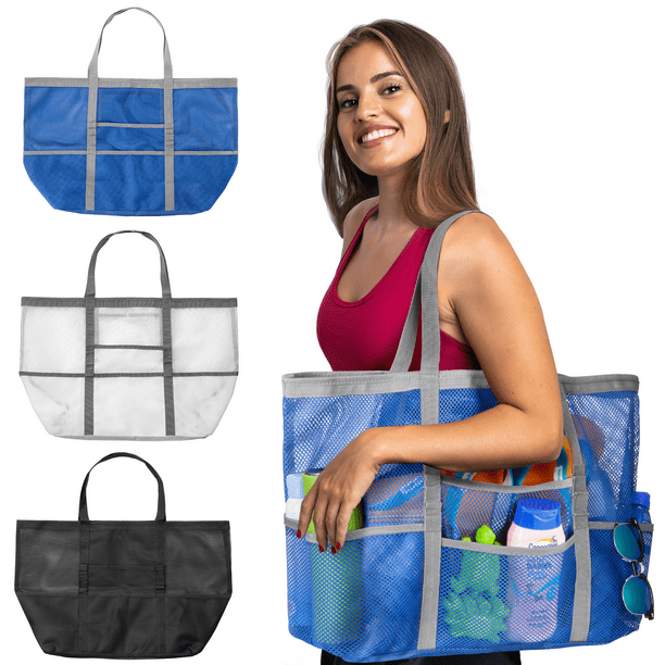 Beach Bag, Mesh Tote Bag 16.5x8.5x15 w/ 10 Compartments, Pool Tote w ...