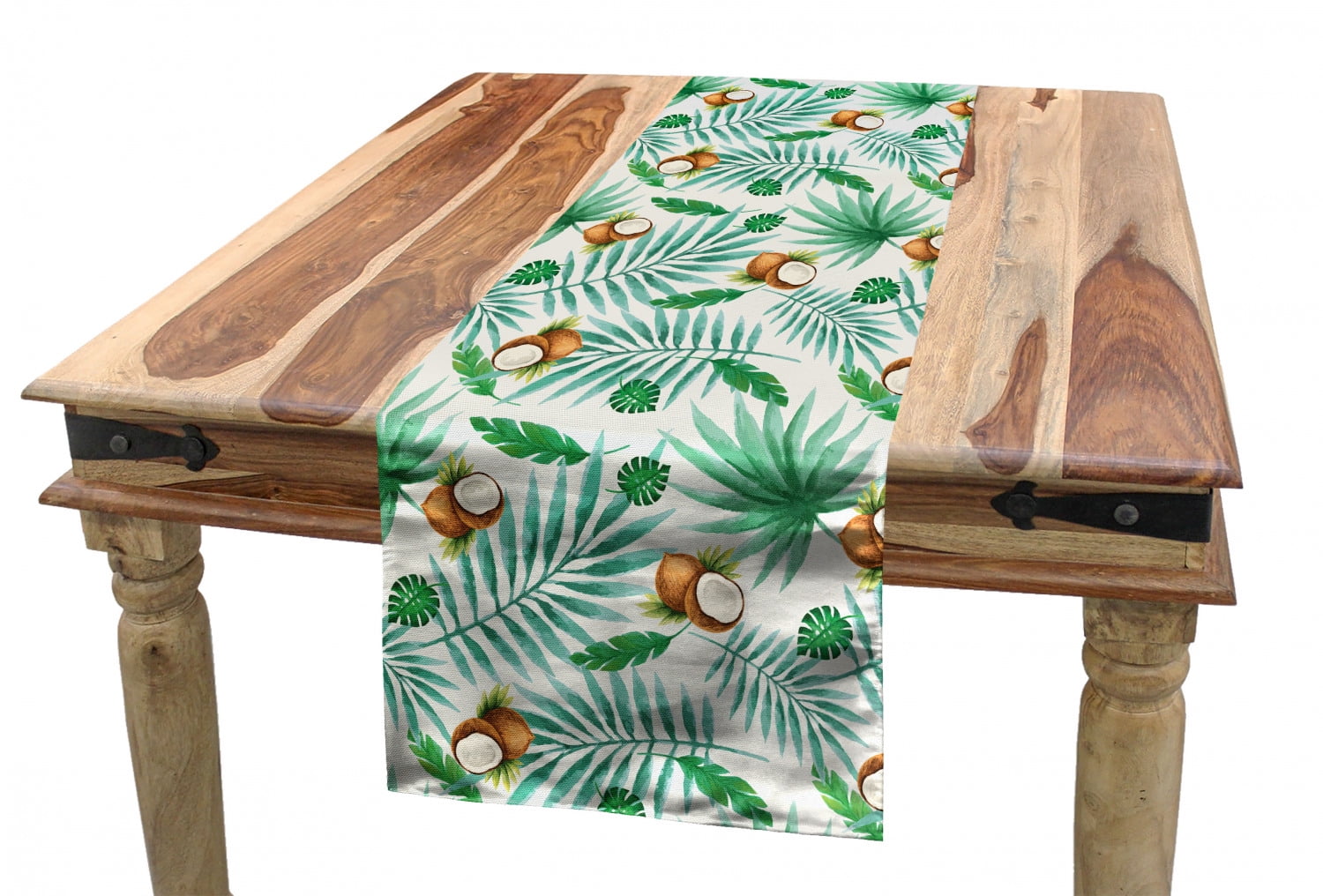 Watercolor Table Runner, Coconut Fruit Exotic Nature Palm Tree Leaves ...