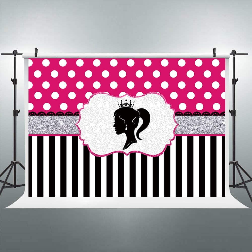 Riyidecor Barbie Party Backdrop Black and White Stripe Polka Dot 8Wx6H ...