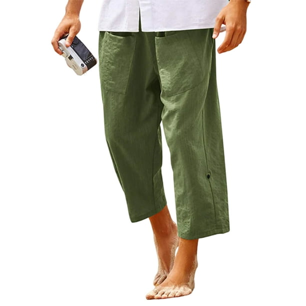 Frontwalk Men Trousers Straight Leg Bottoms Drawstring Capri Pants Mens