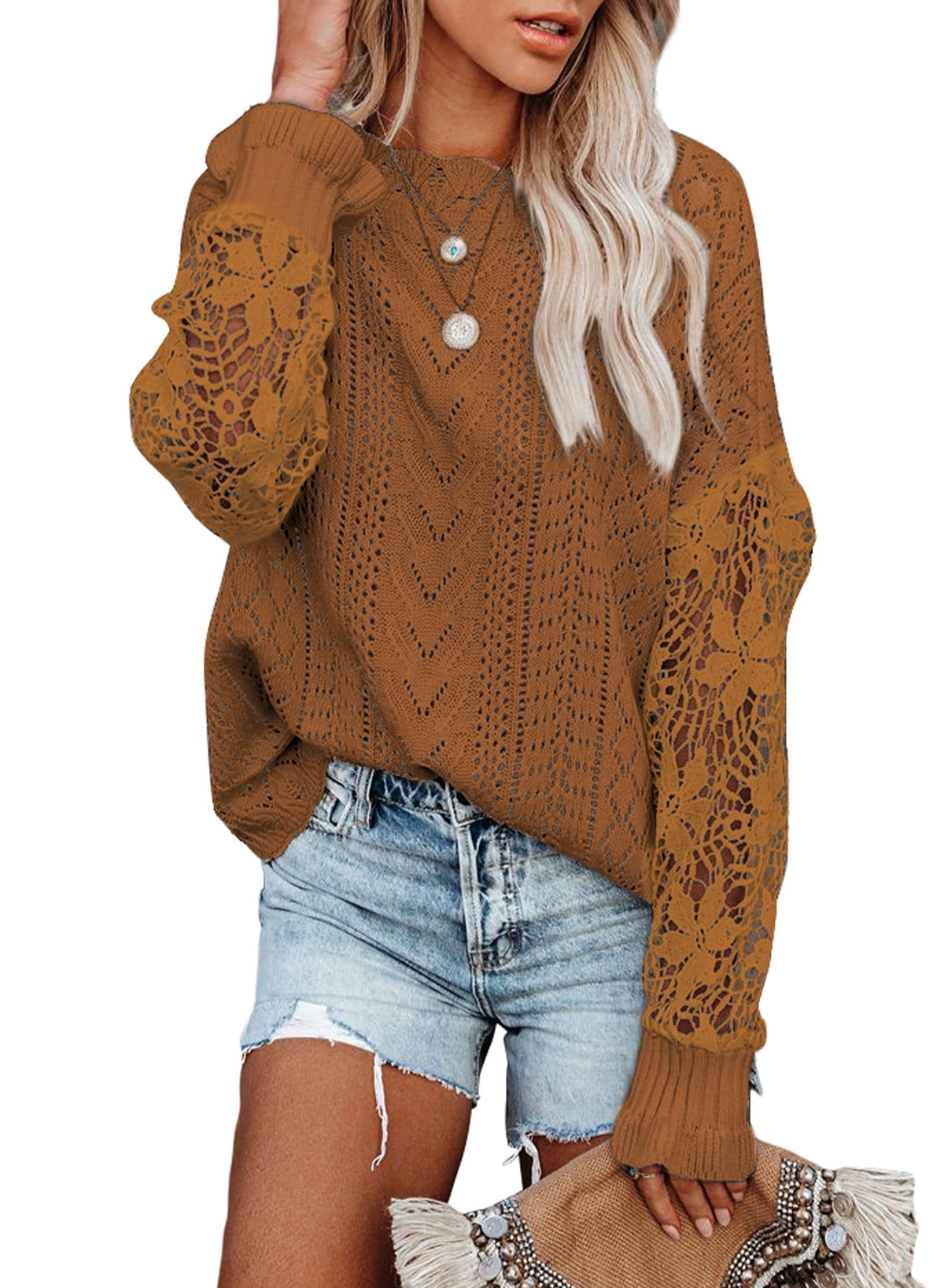 HOTAPEI Pullover Sweaters for Women Lace Crochet Long Sleeve Sweaters ...
