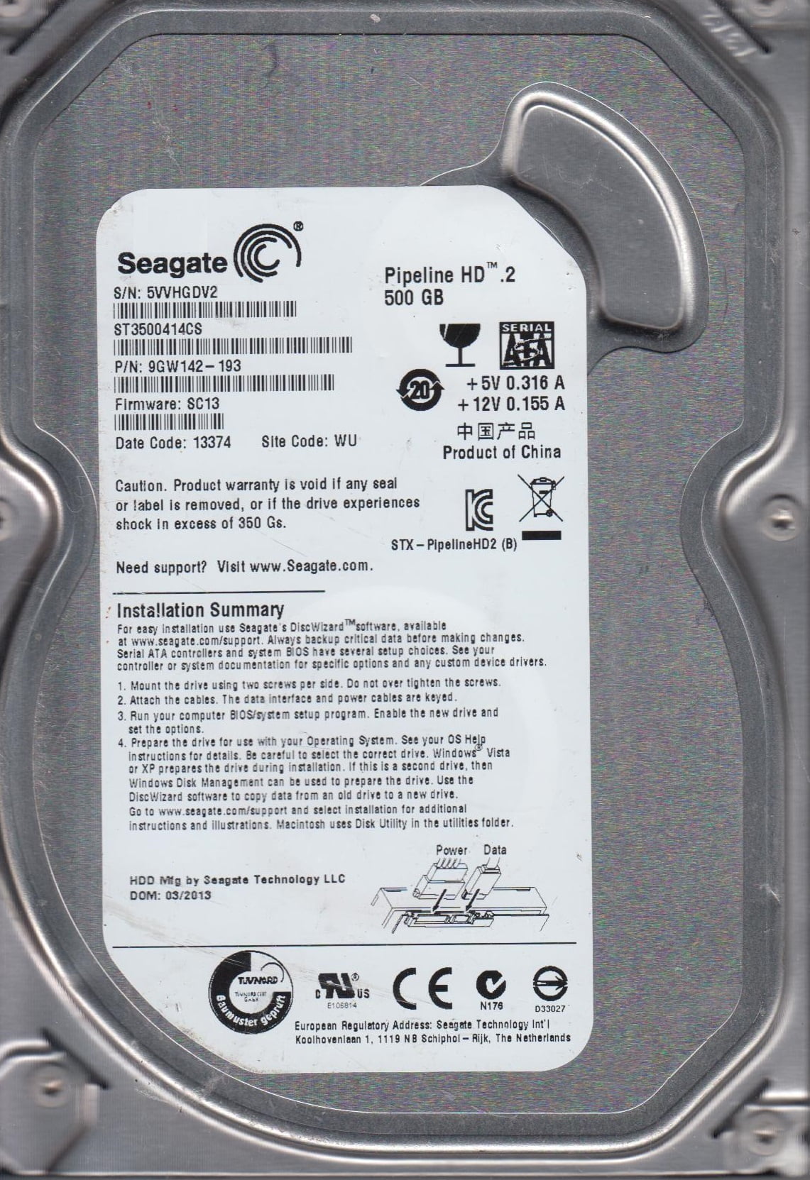 ST3500414CS, 5VV, WU, PN 9GW142-193, FW SC13, Seagate 500GB SATA 3.5 ...