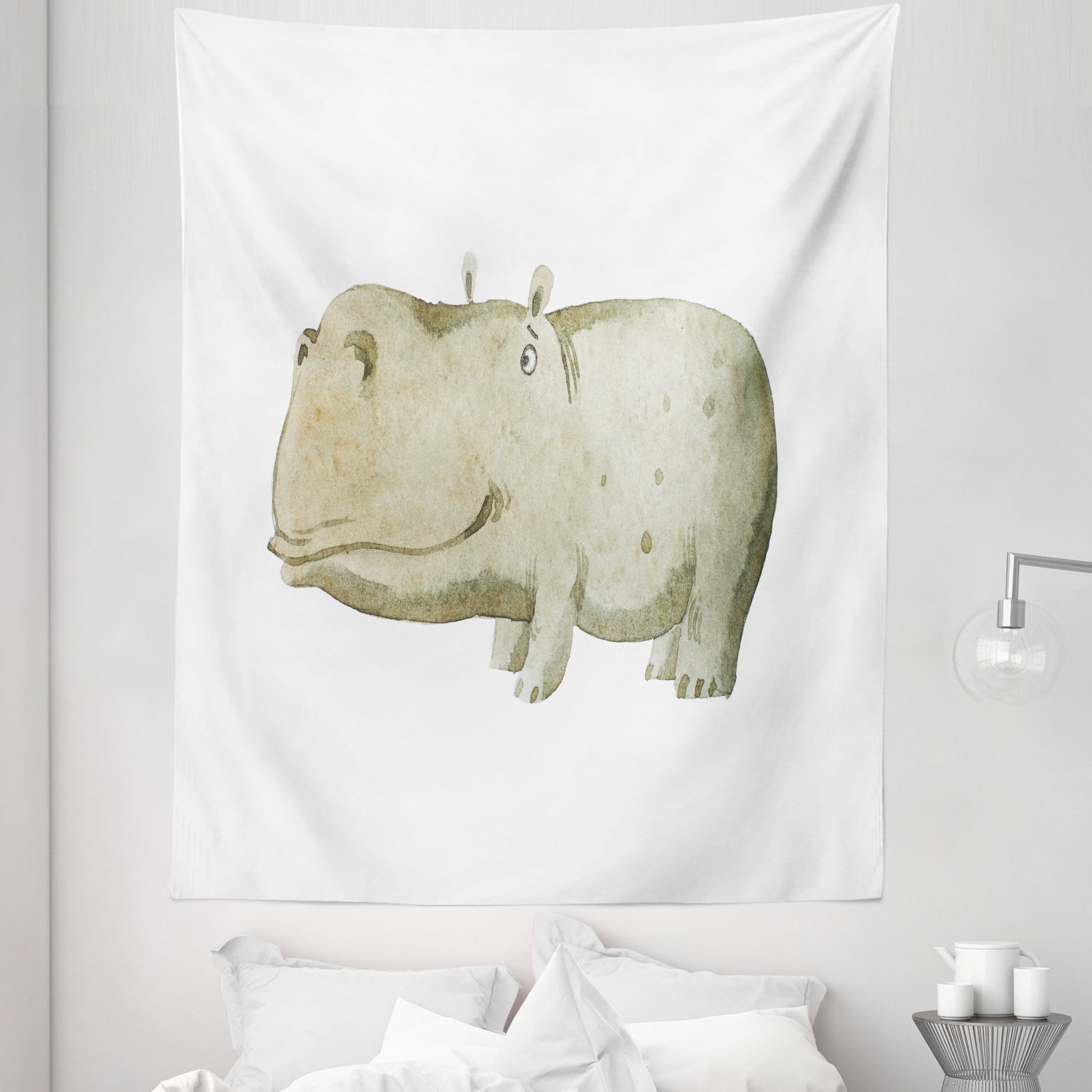 Hippo Tapestry, Watercolor Style Illustration of Hand-Drawn Happy Hippo ...