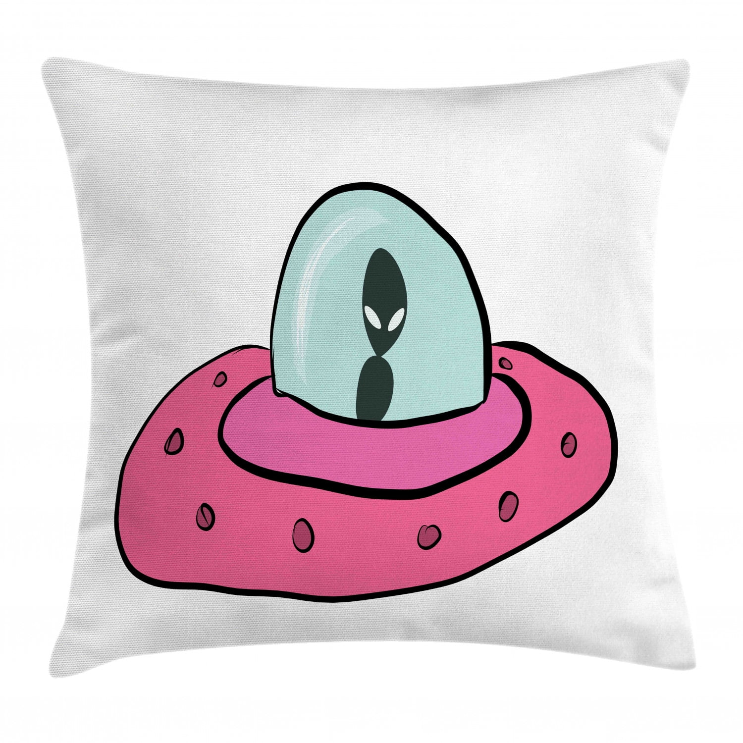 Alien Throw Pillow Cushion Cover, Doodle Illustration of a Flying ...