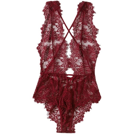 Women's Sheer Lace Teddy Lingerie Criss Cross One Piece Bodysuit ...