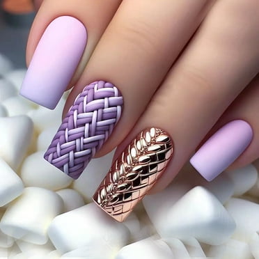 Yoyauz Coffin Pressed Nails Long Fake French Nails Full Coverage ...