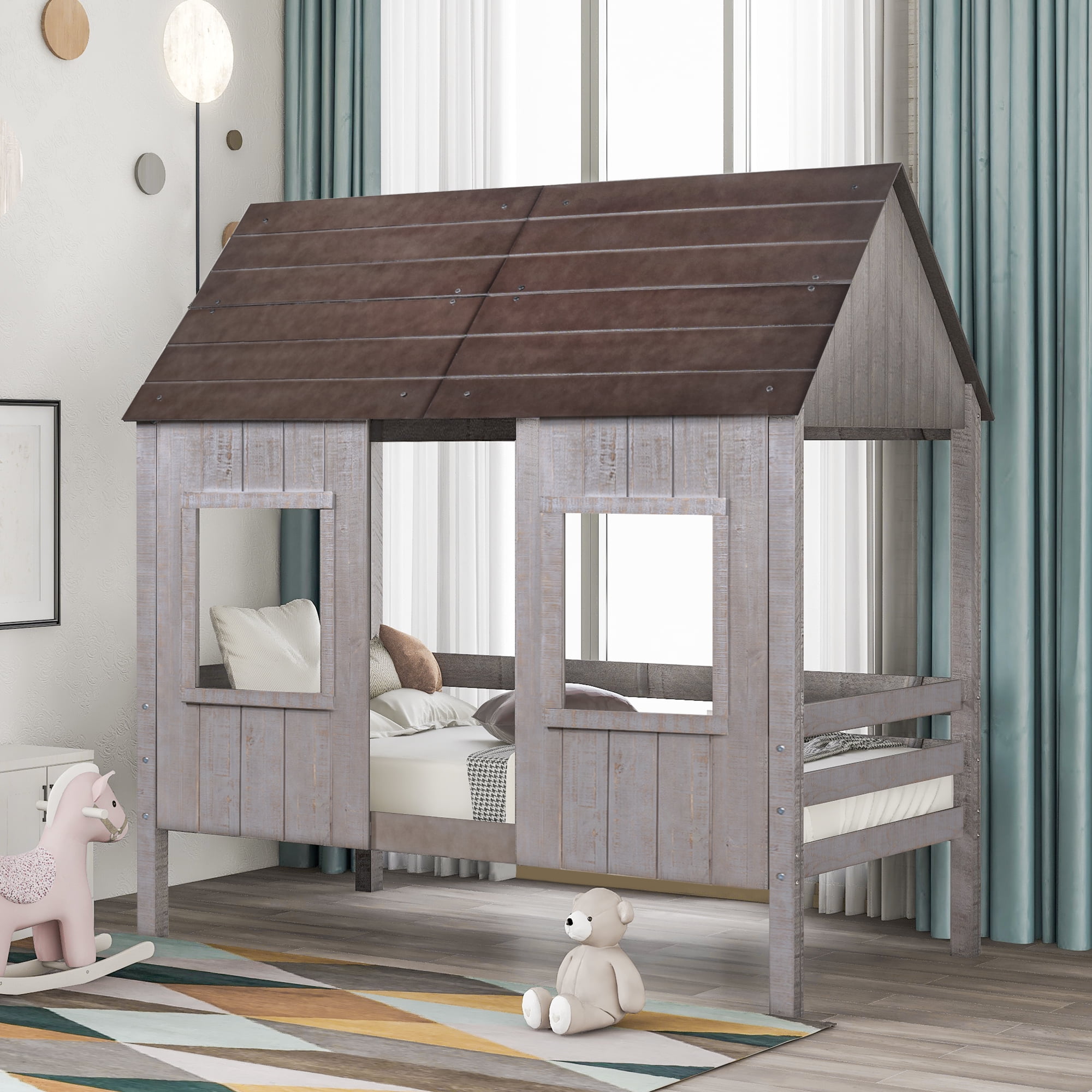 Antique Gray Twin Size Low Loft Wood House Bed with Two Front Windows ...