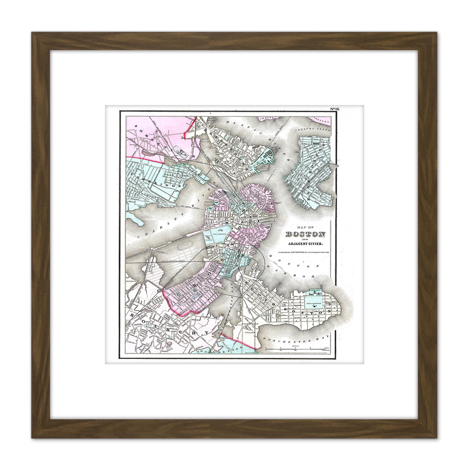 Map Antique 1857 Colton Boston City Plan Replica 8X8 Inch Square Wooden ...
