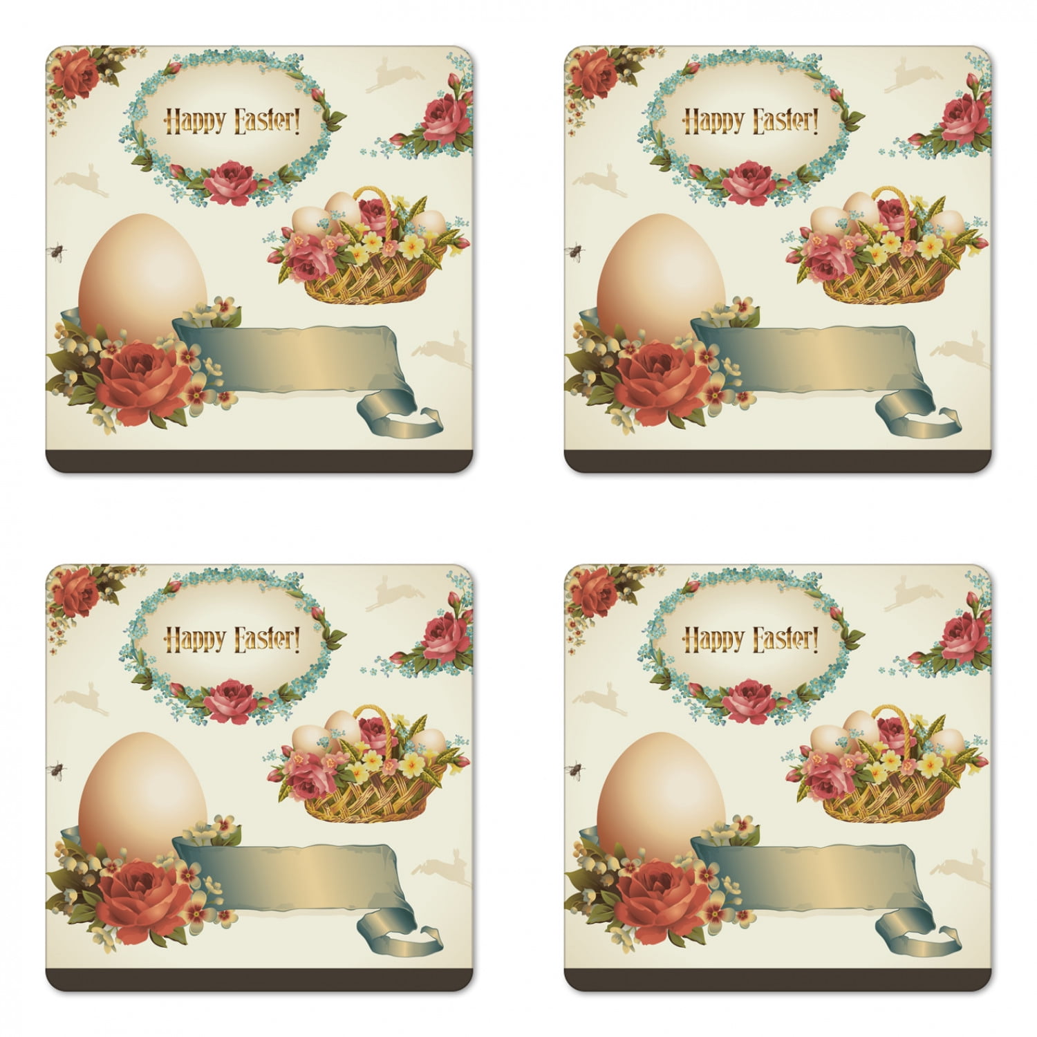 Easter Coaster Set of 4, Romantic Flower Filled Basket with Eggs ...