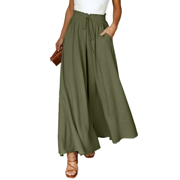 Evaless Womens Casual Wide Leg Pants Flowy Elastic Drawstring Waist
