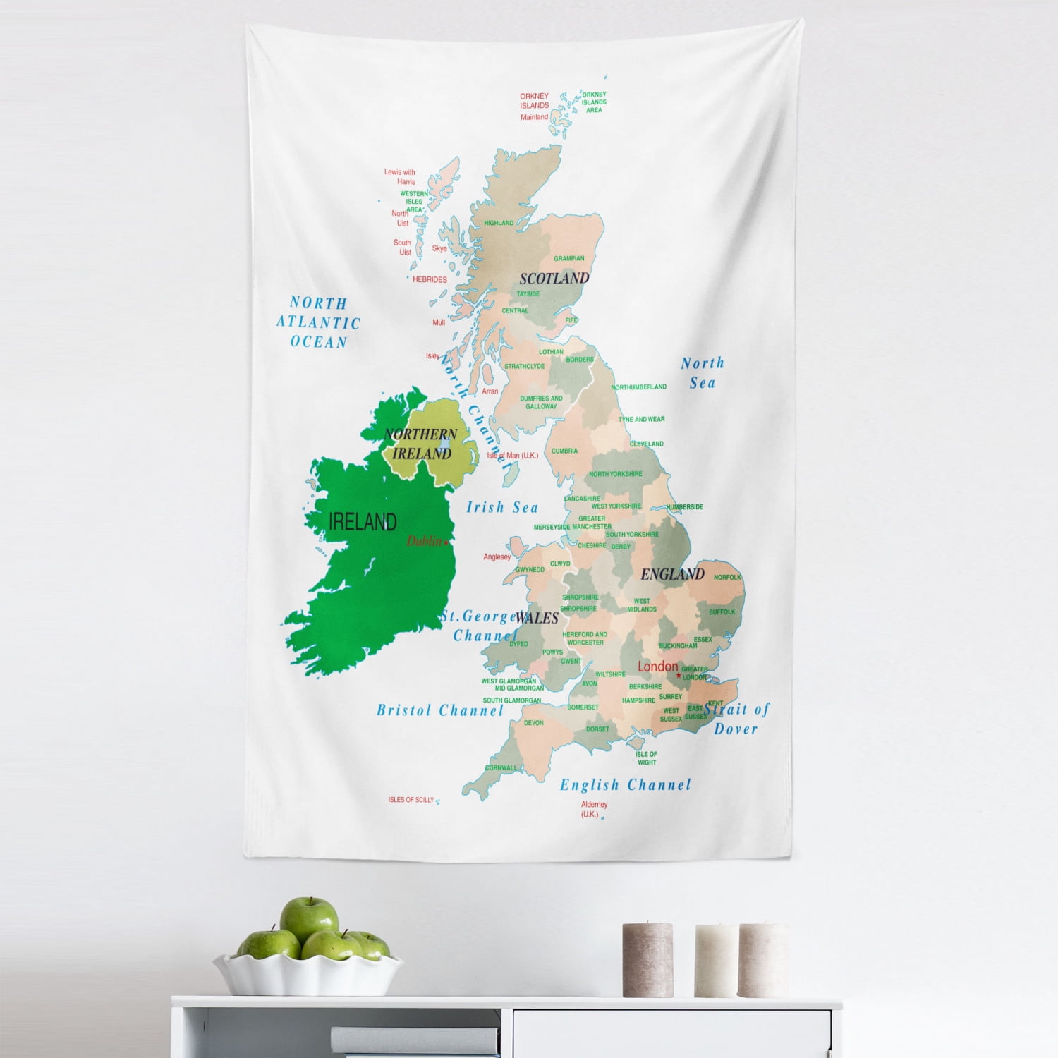 Ireland Map Tapestry, Info-Graphics with Names of Countries and Seas ...