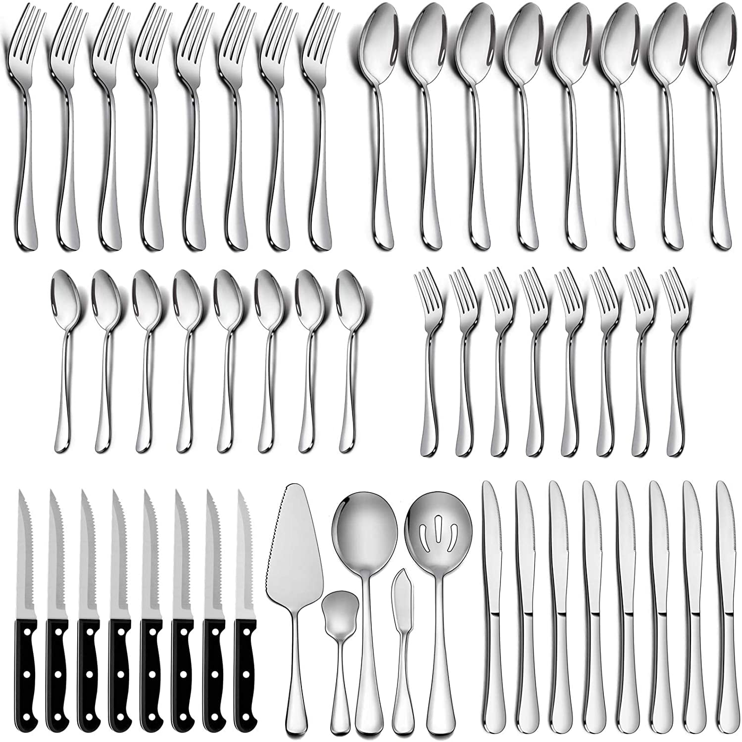 JOYWEI53-Piece Silverware Set with Steak Knives and Serving Utensils ...