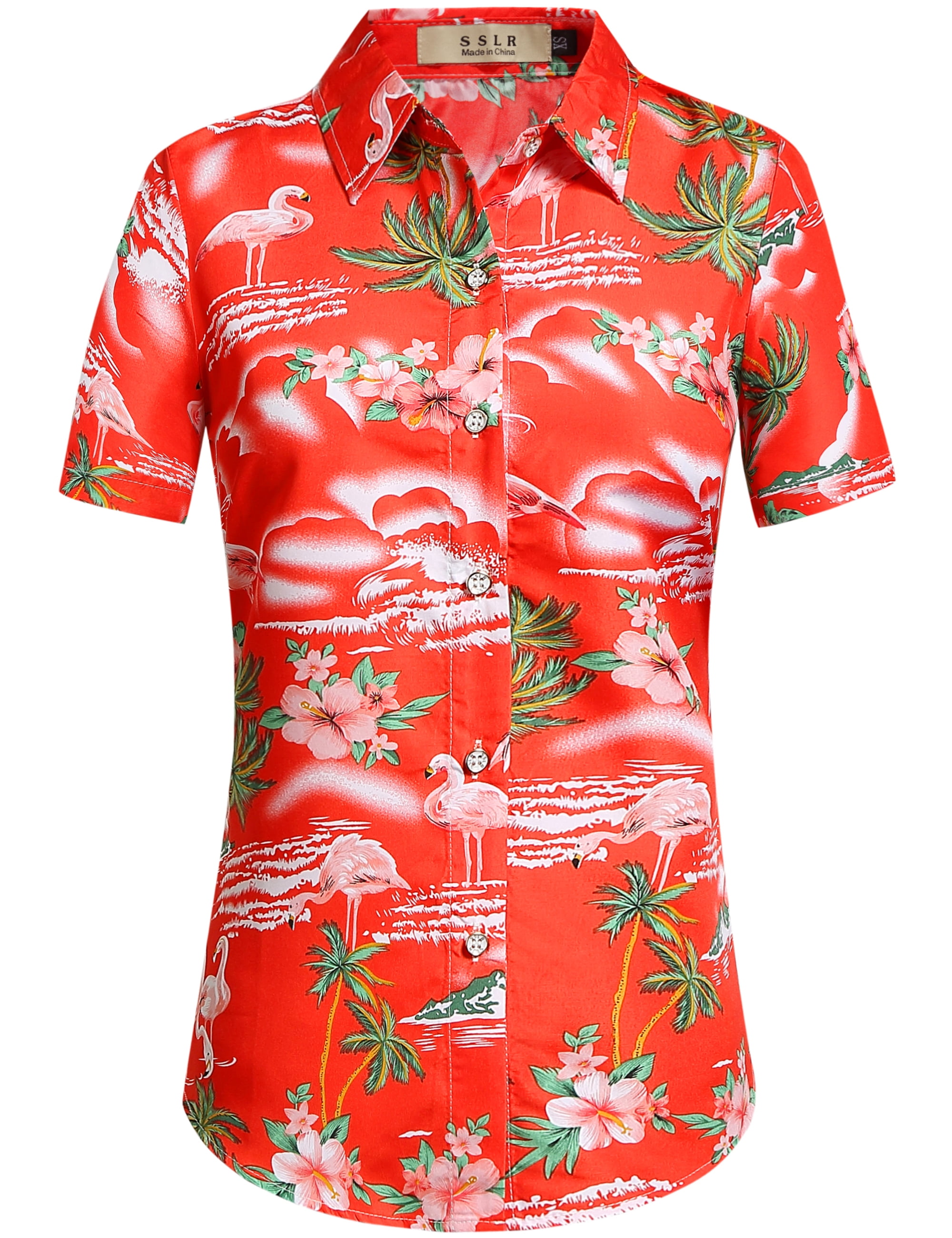 Sslr Hawaiian Shirt For Women Flamingo Short Sleeve Casual Button Down