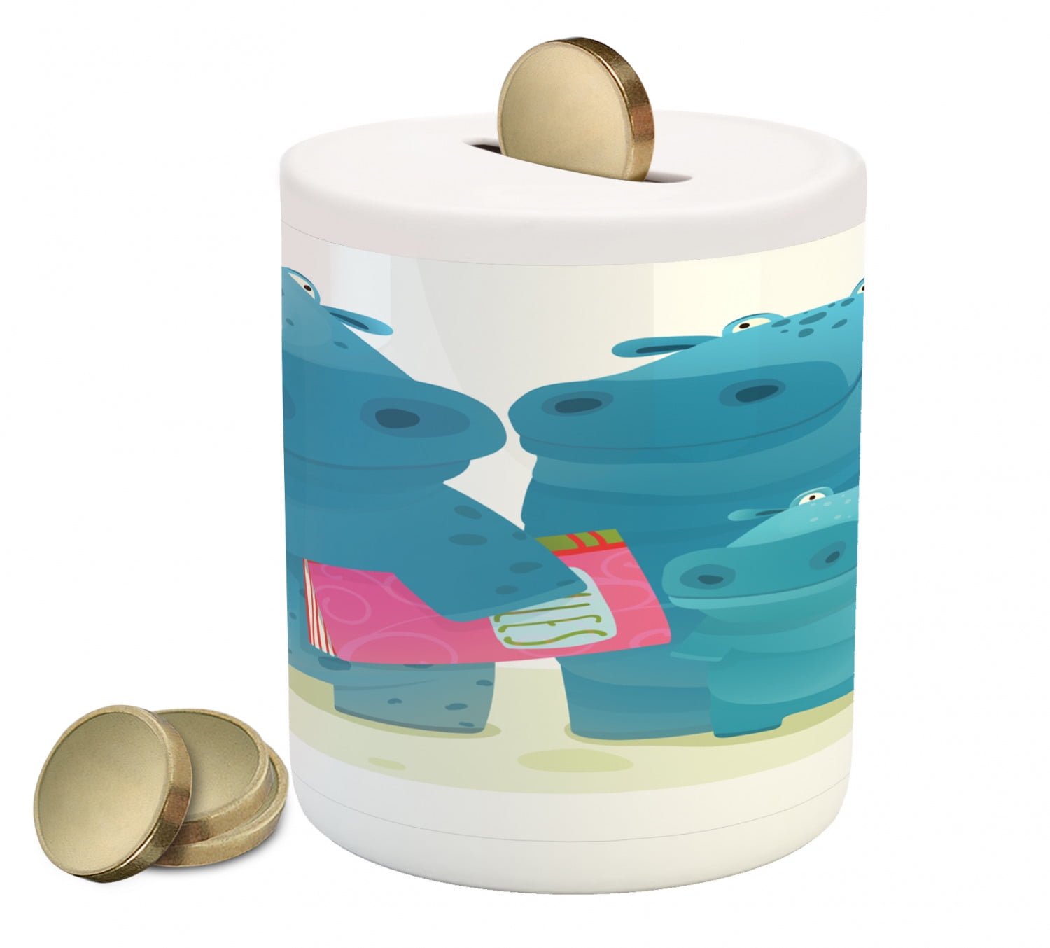 Hippo Piggy Bank, Graphic Happy Hippo Family with Father Mother and ...