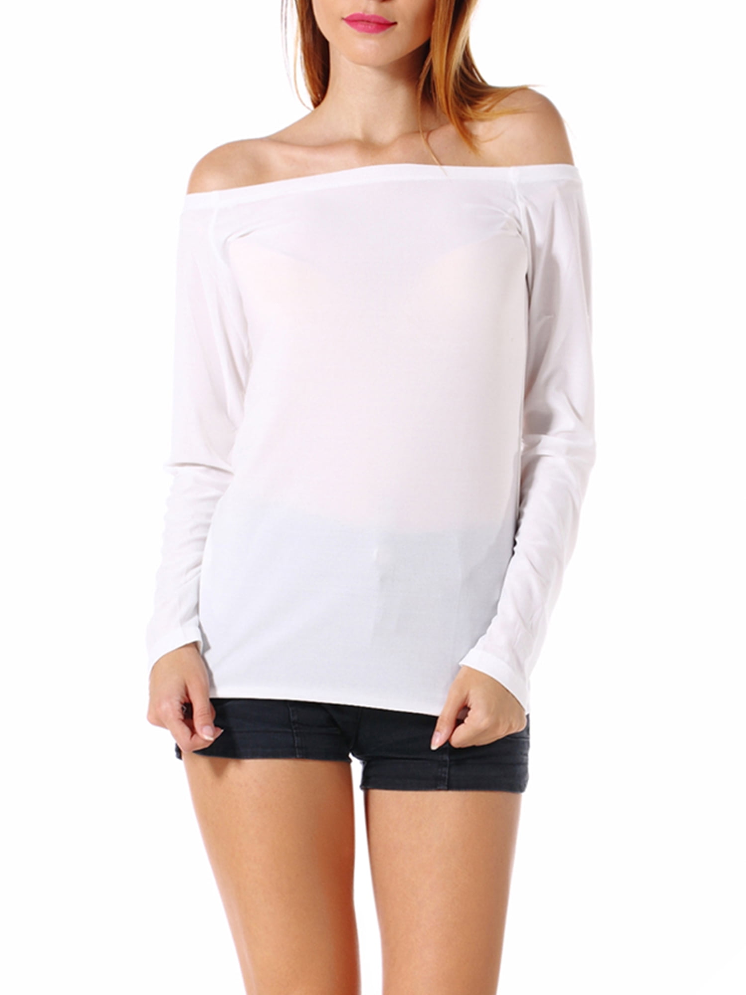 SAYFUT Juniors Off Shoulder Long Sleeve T-Shirt Solid Blouse Top Slim ...