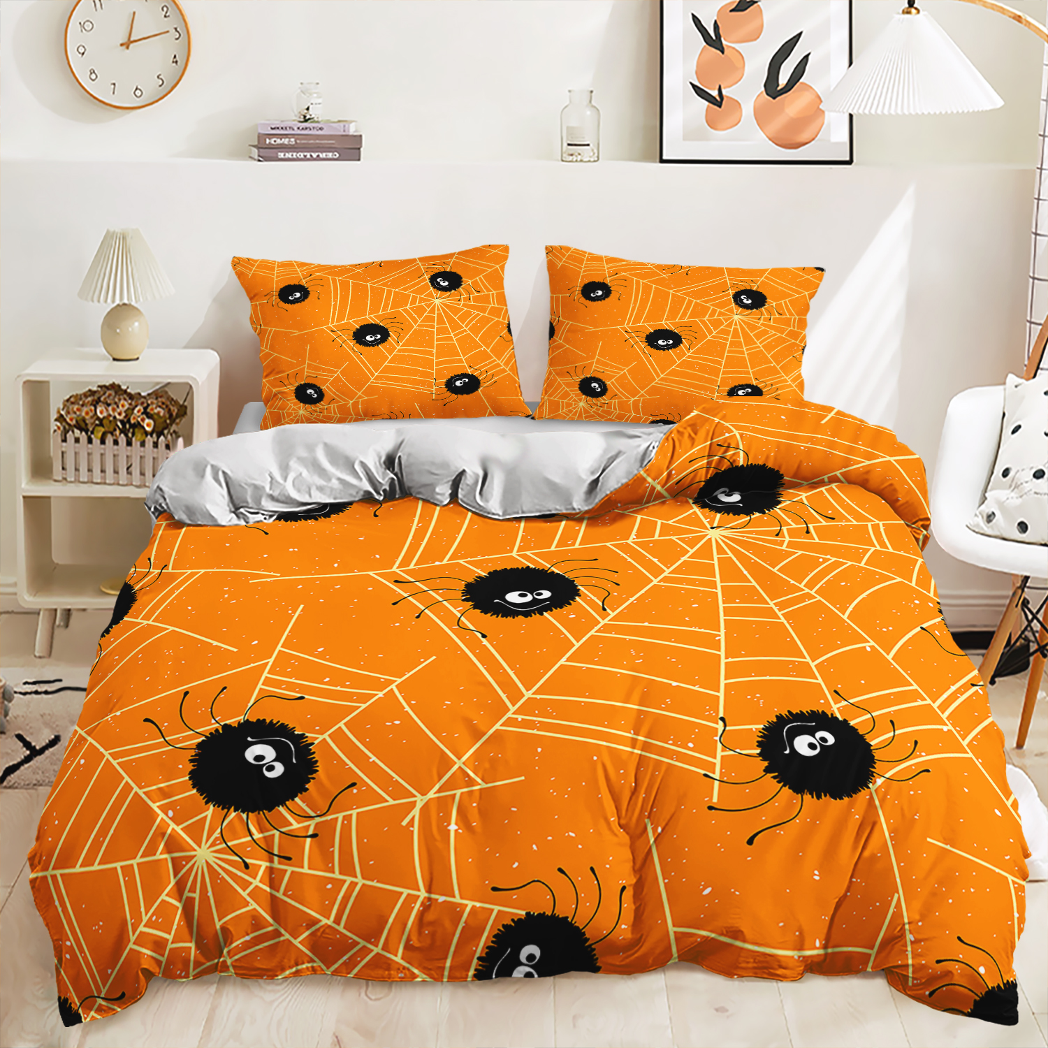 Hosima 3 Piece Orange Printed Pider Pattern Polyester Duvet Cover Full hosima-3-piece-orange-printed-pider-pattern-polyester-duvet-cover-full