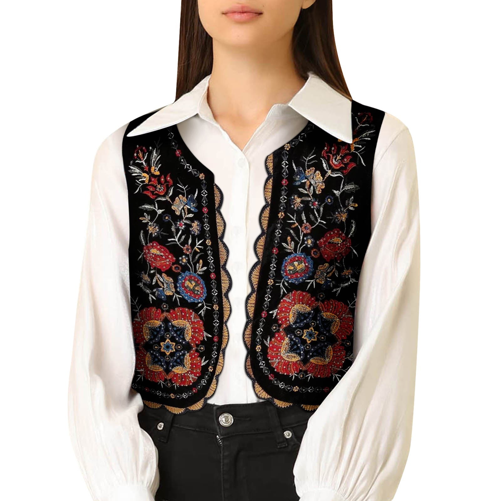 Click here for Byhong Womens Vintage Embroidered Floral Vest Slee... prices