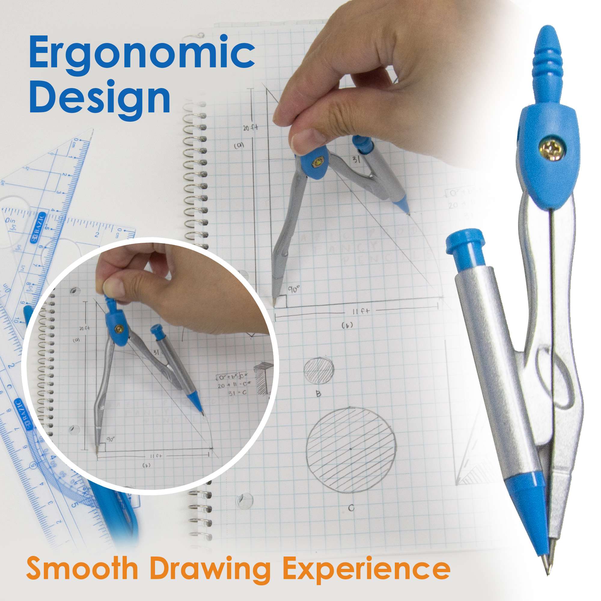 Buy BAZIC Math Geometry Set 9 Pieces for Students, Storage Box, 3-Pack ...