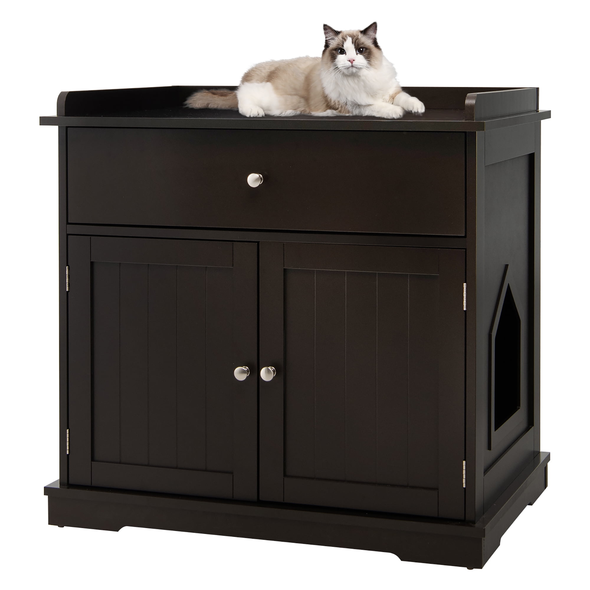 Gymax Wooden Cat Litter Box Enclosure w/ Drawer Side Table Furniture ...