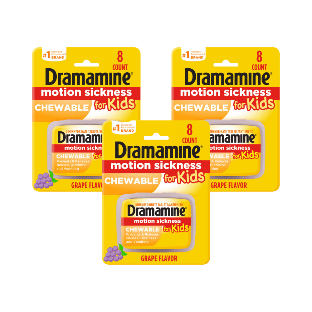 Dramamine Chewable Tablets for Kids, Grape Flavor, 8 CT (Pack - 3 ...