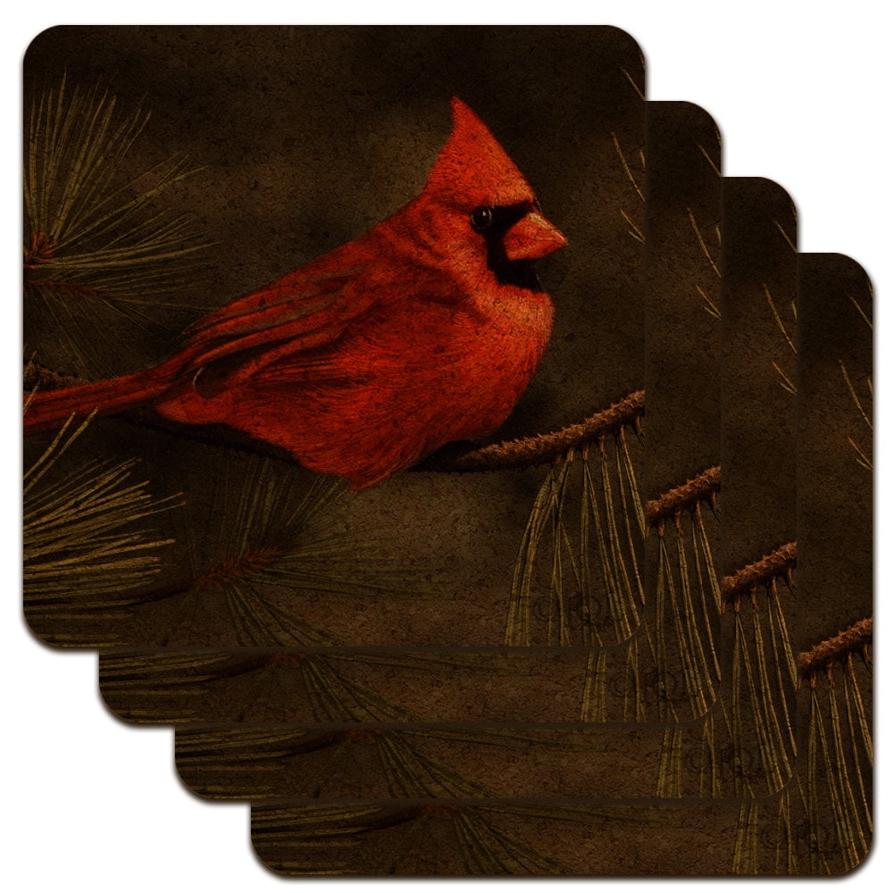 Northern Cardinal Red Pine Perch Low Profile Novelty Cork Coaster Set ...