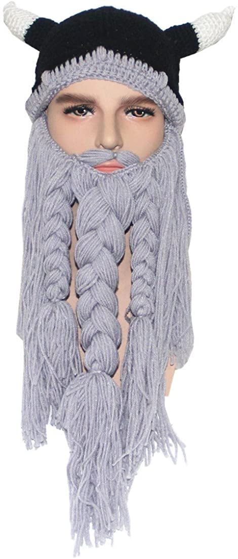 Men's Original Barbarian Knit Beard Hat Viking Horns Bearded Caps ...