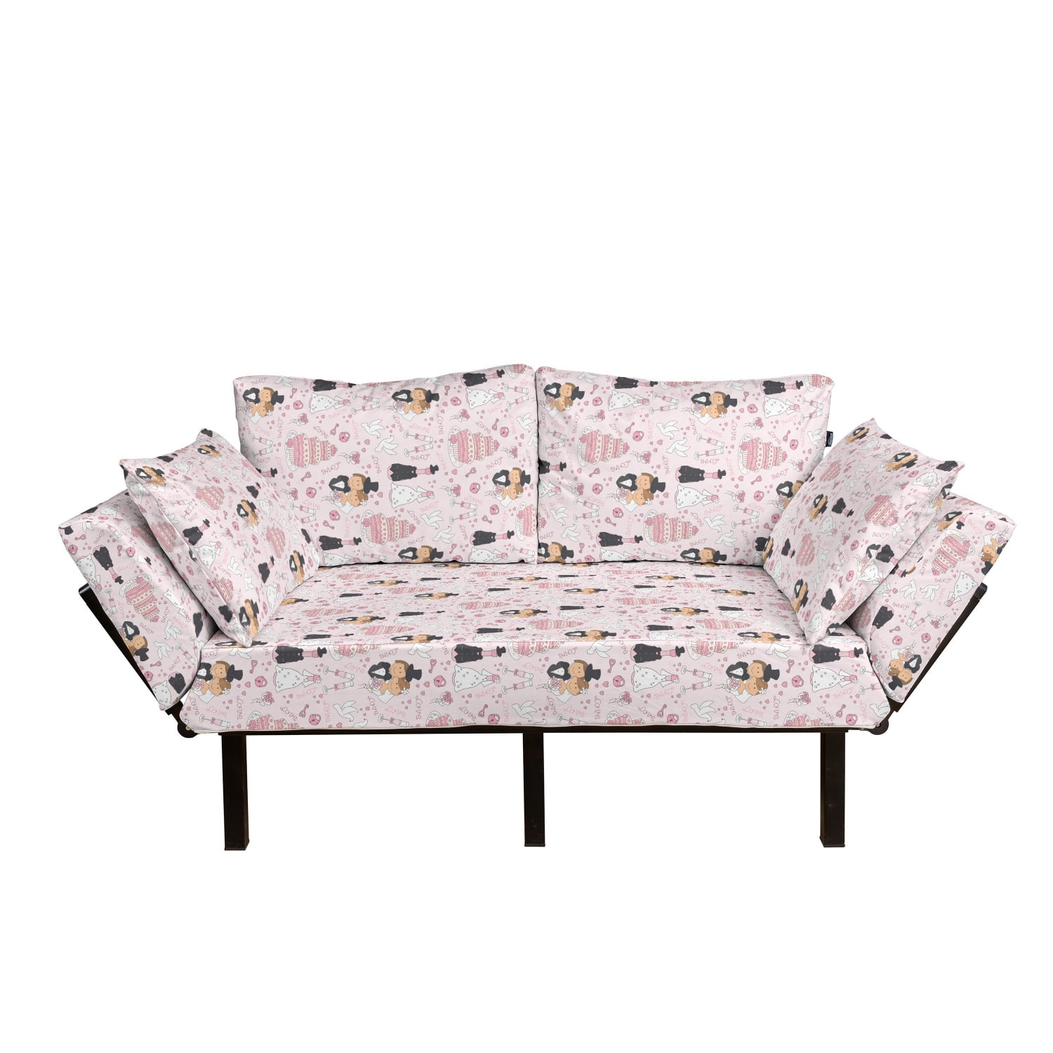 Wedding Futon Couch, Hand Drawn Pattern of Couple Getting Married ...
