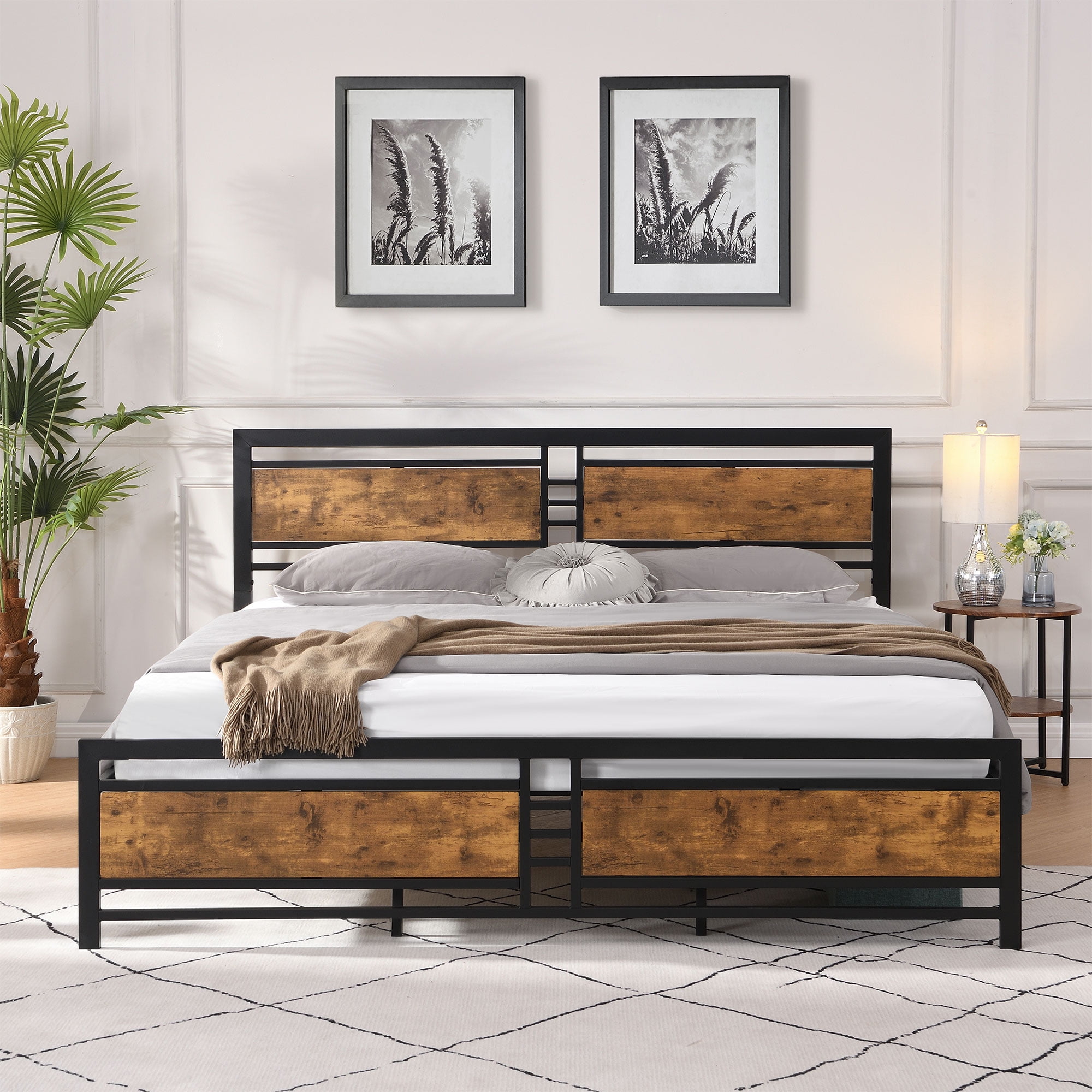 King Bed Frame with Wood Headboard and Footboard, Industrial Heavy Duty ...