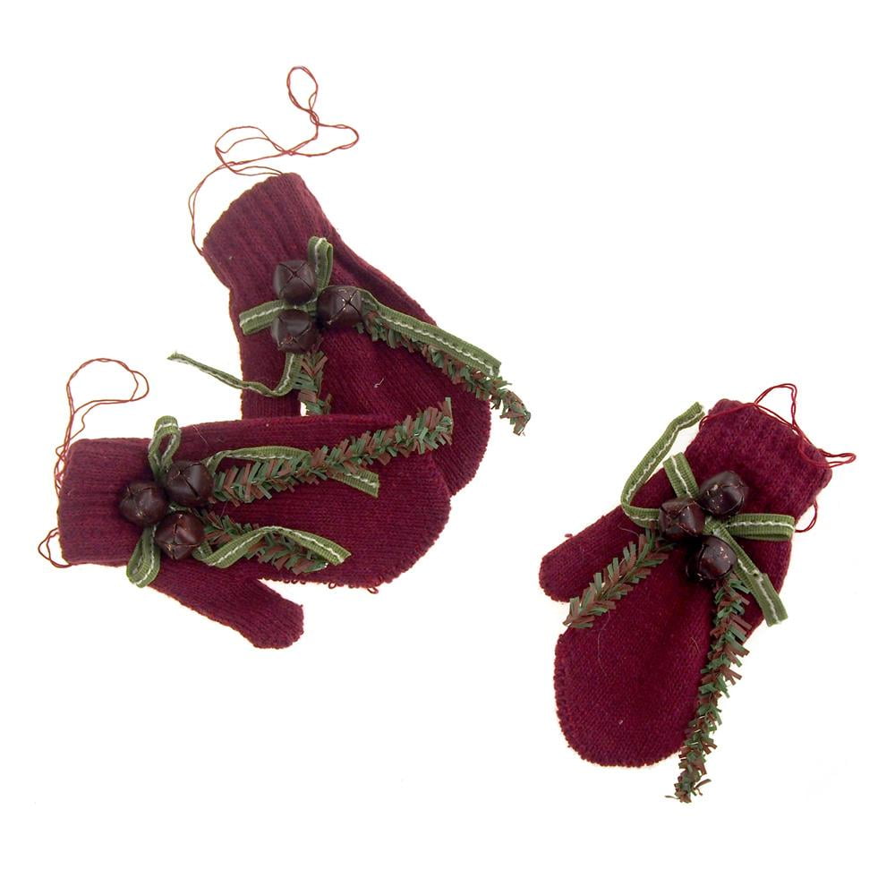 Hanging Polyester Mittens Christmas Tree Ornament, Burgundy Bells, 3 ...