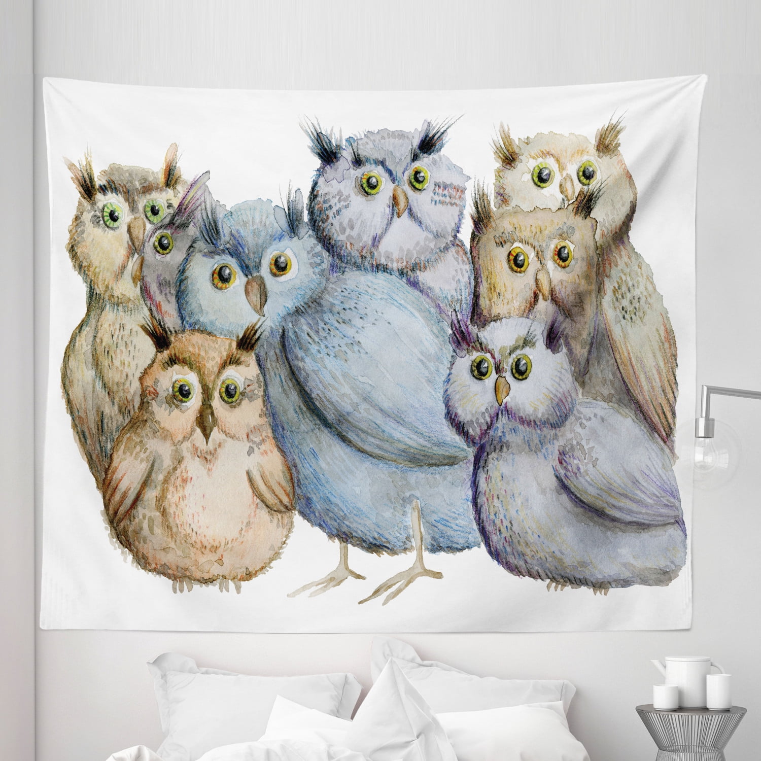 Owl Tapestry, Watercolor Hand Drawn Owl Family Portrait Vintage ...