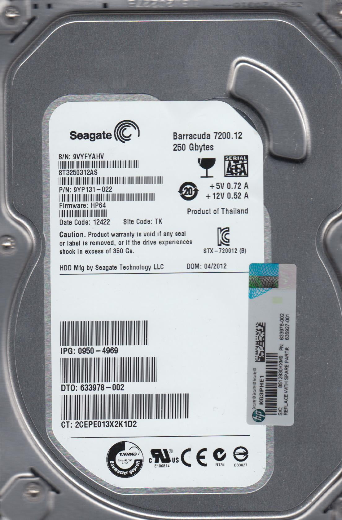 ST3250312AS, 9VY, TK, PN 9YP131-022, FW HP64, Seagate 250GB SATA 3.5 ...