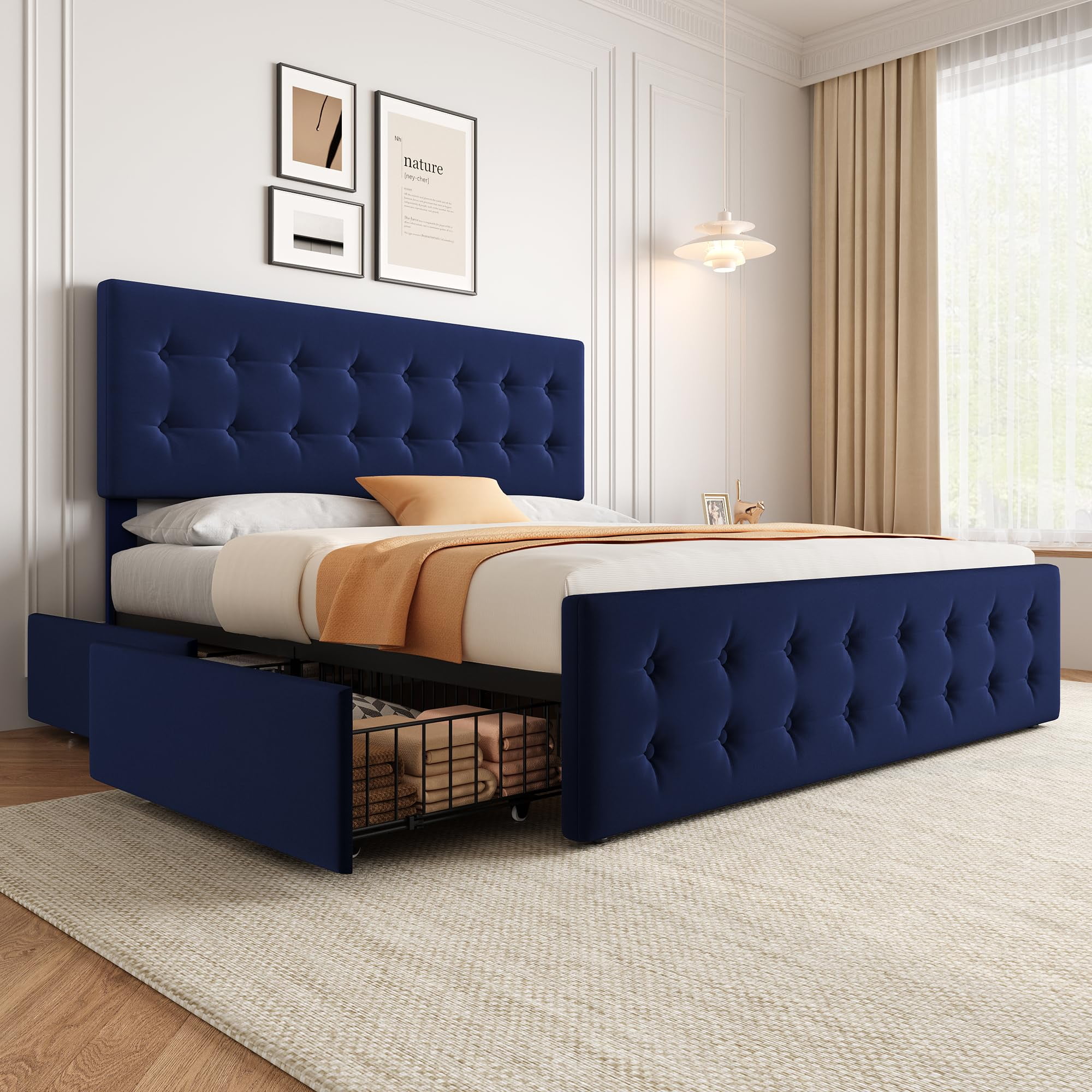 Bed Frame with 4 Storage Drawers and Adjustable Headboard, Upholstered ...