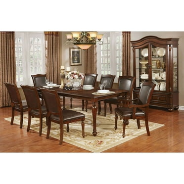 9-Piece Traditional Dining Set with Extension Leaf, Faux Leather Chairs ...